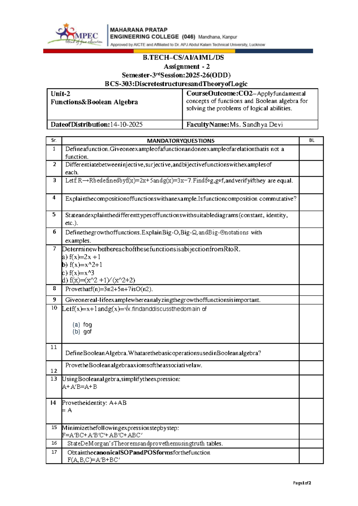 Assignment 2: Concepts of Functions & Boolean Algebra for DSTL - Studocu