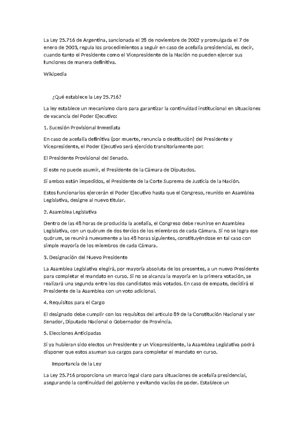 Acefalía Presidencial en Argentina: Apuntes de Clases - Studocu