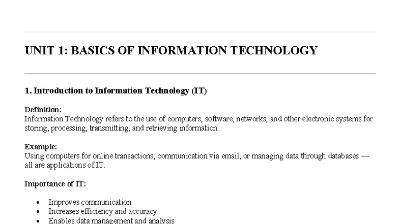 IT UNIT 1 - Basics of Information Technology: Components of IT systems ...