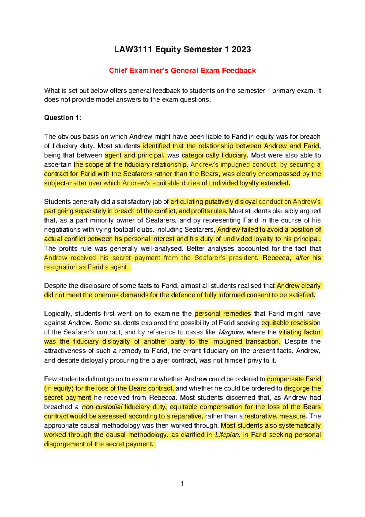 2023 S1 Equity Chief Exam Feedback and Analysis - Studocu