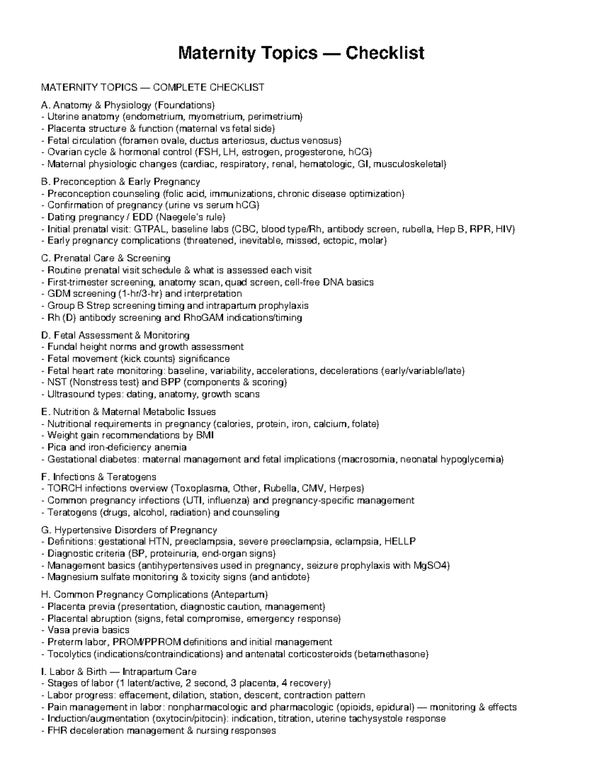 Maternity Topics Checklist: Week 1-3 Overview for Nursing Students ...