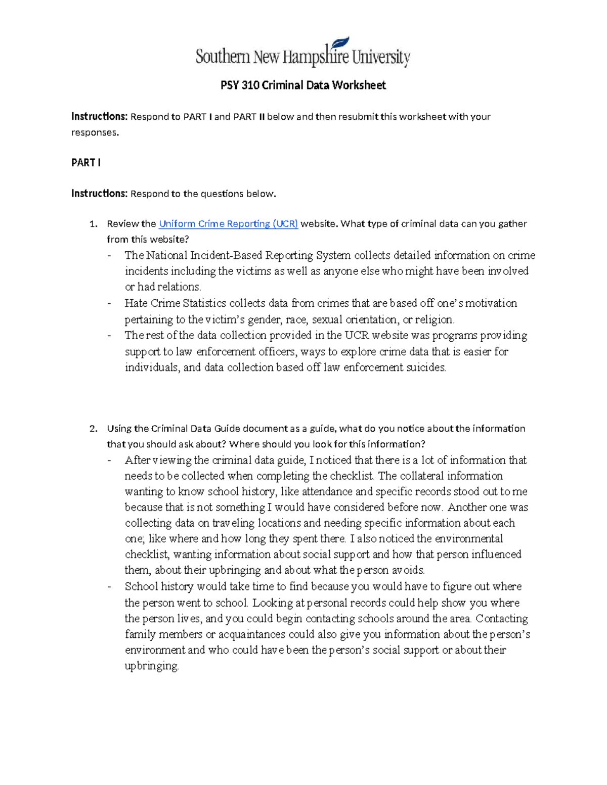 Module Two Worksheet - PSY 310 Criminal Data Worksheet Instructions ...