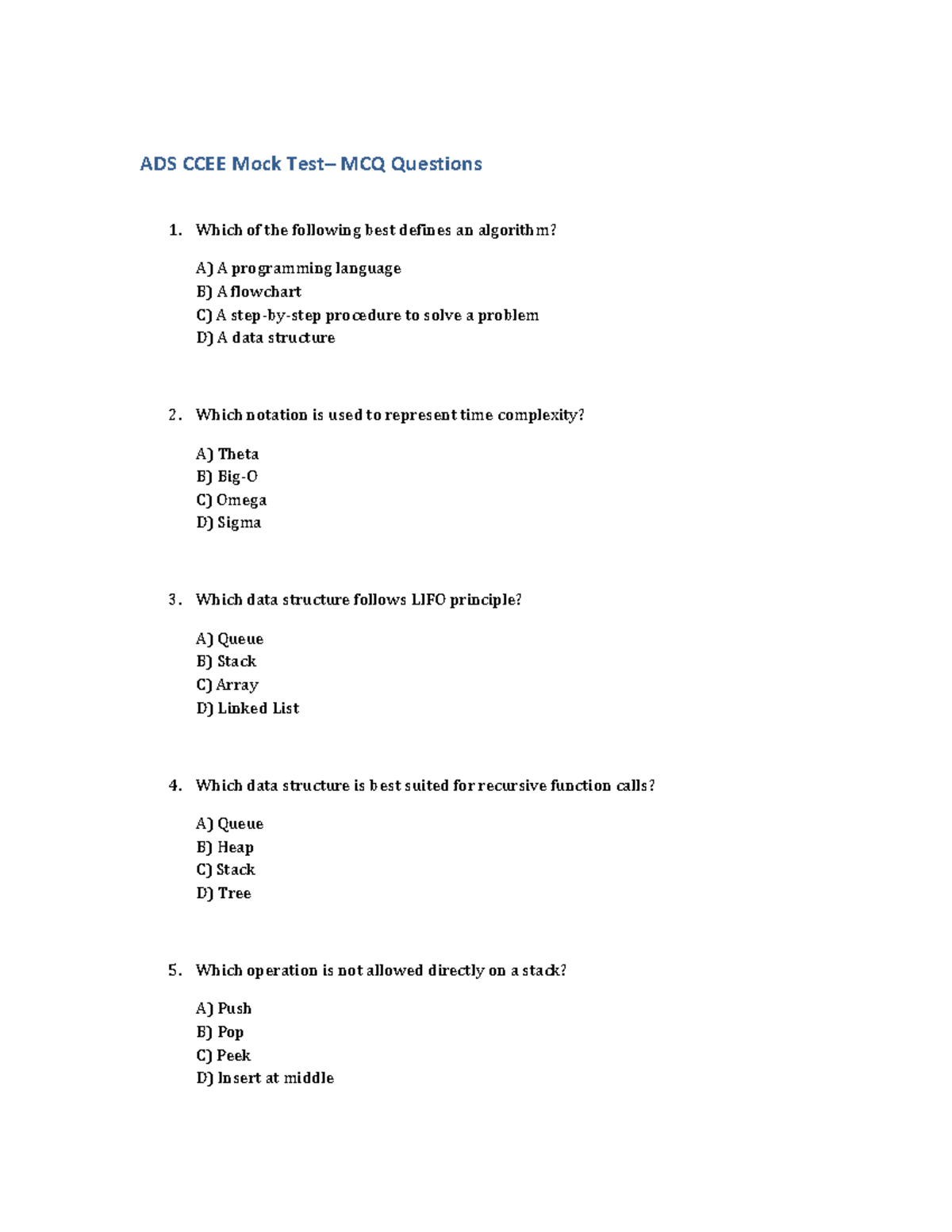 ADS CCEE Mock MCQ Questions on Data Structures and Algorithms - Studocu