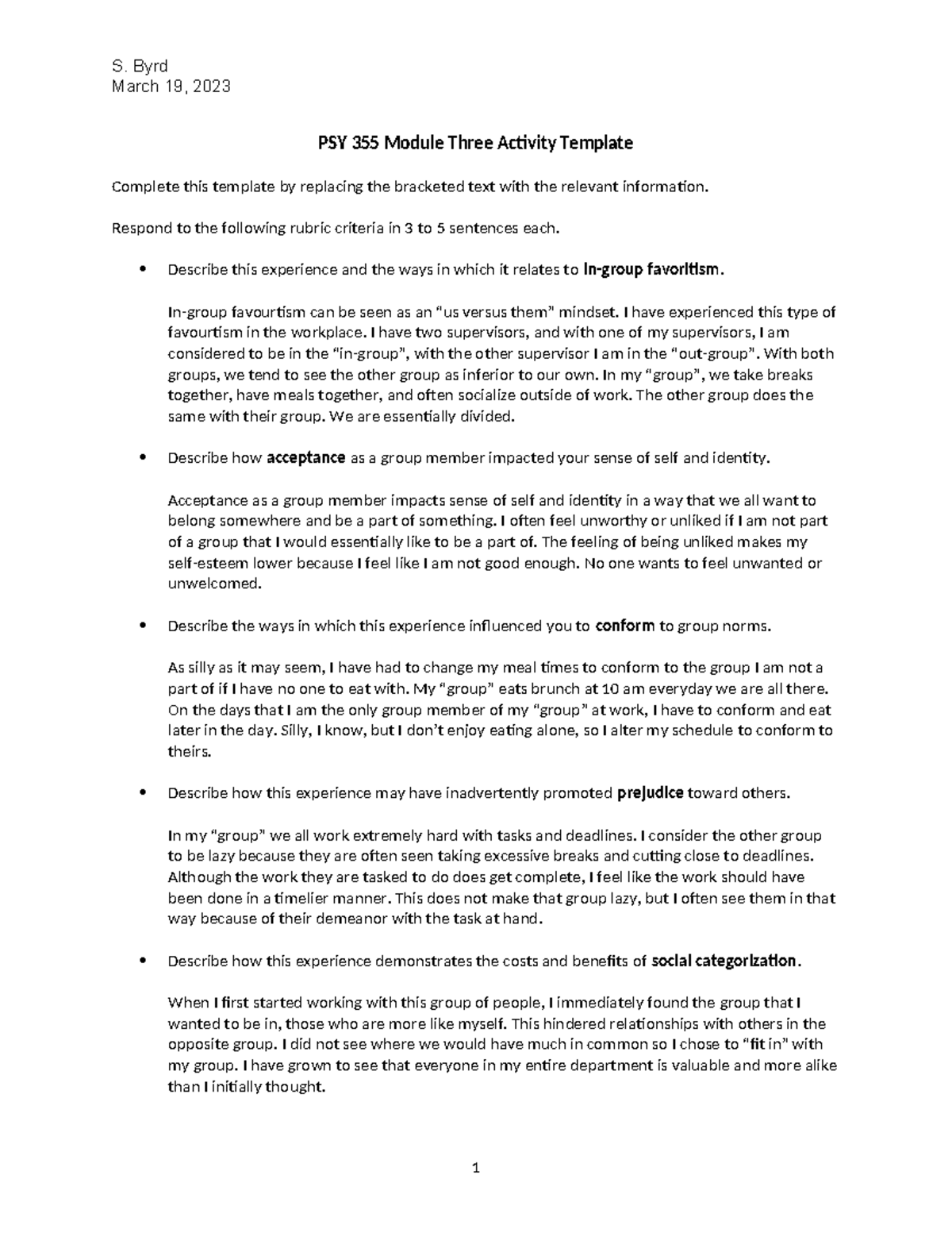 PSY 355 Module Three Activity Template - S. Byrd March 19, 2023 PSY 355 ...