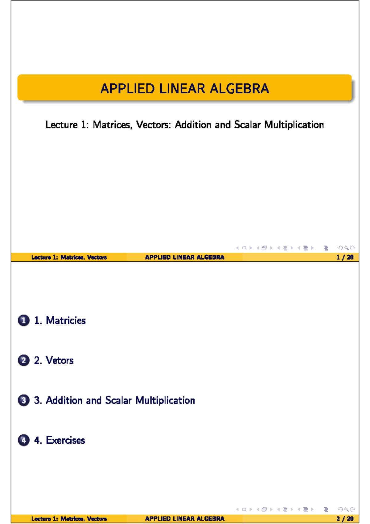 APPLIED LINEAR ALGEBRA Lecture 1: Matrices and Vectors Overview - Studocu