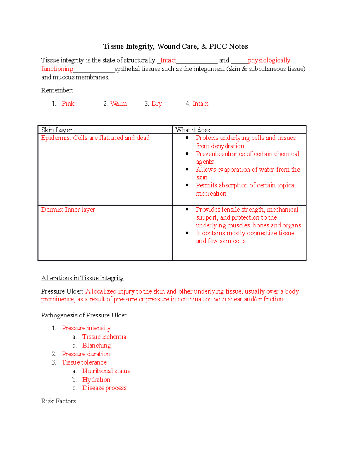 Tissue Integrity notes - Tissue Integrity, Wound Care, & PICC Notes ...