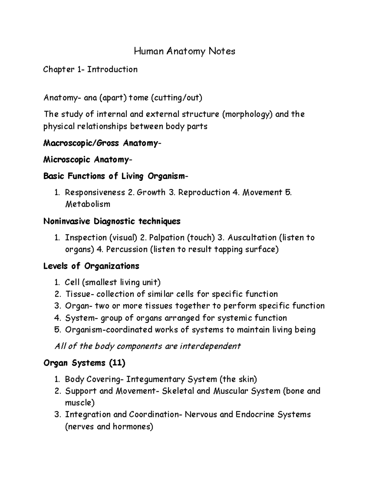 Human Anatomy Lecture Notes (ANAT 101) - Introduction & Key Concepts ...