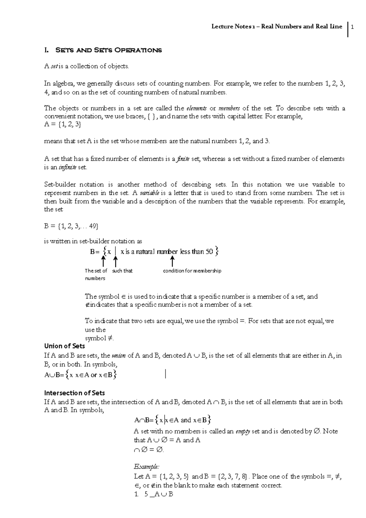 Lecture Notes 1: Real Numbers, Sets, and Operations - Studocu
