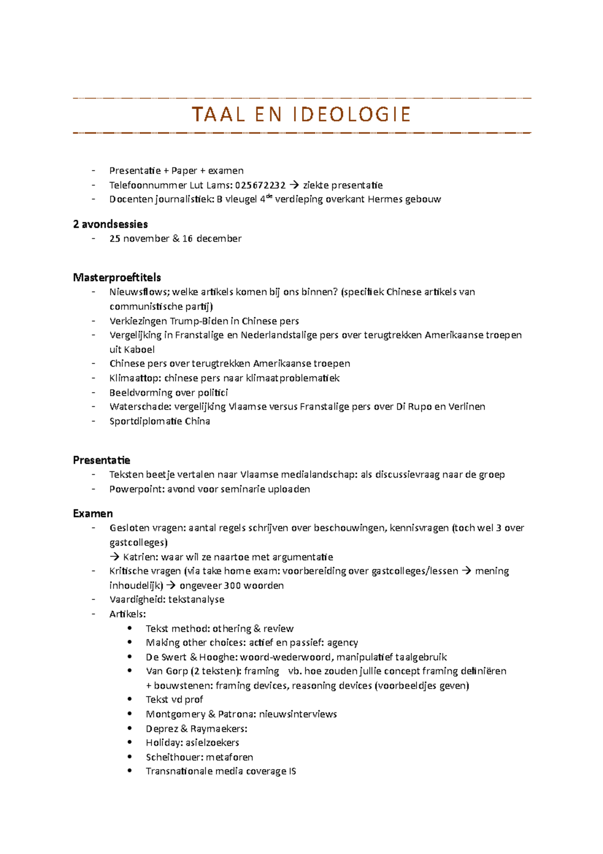 Taal en ideologie - Samenvatting van theoretische lessen - TA A L E N I ...