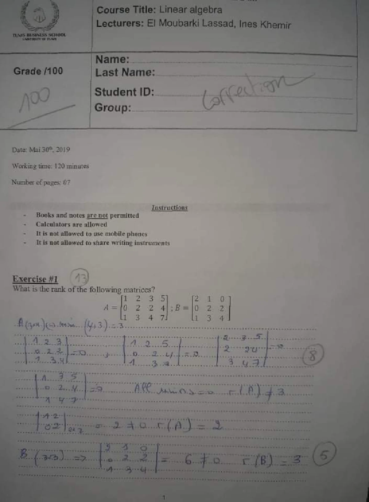 Final Exam Solutions for Linear Algebra (2019) - TUNIS BS - Studocu