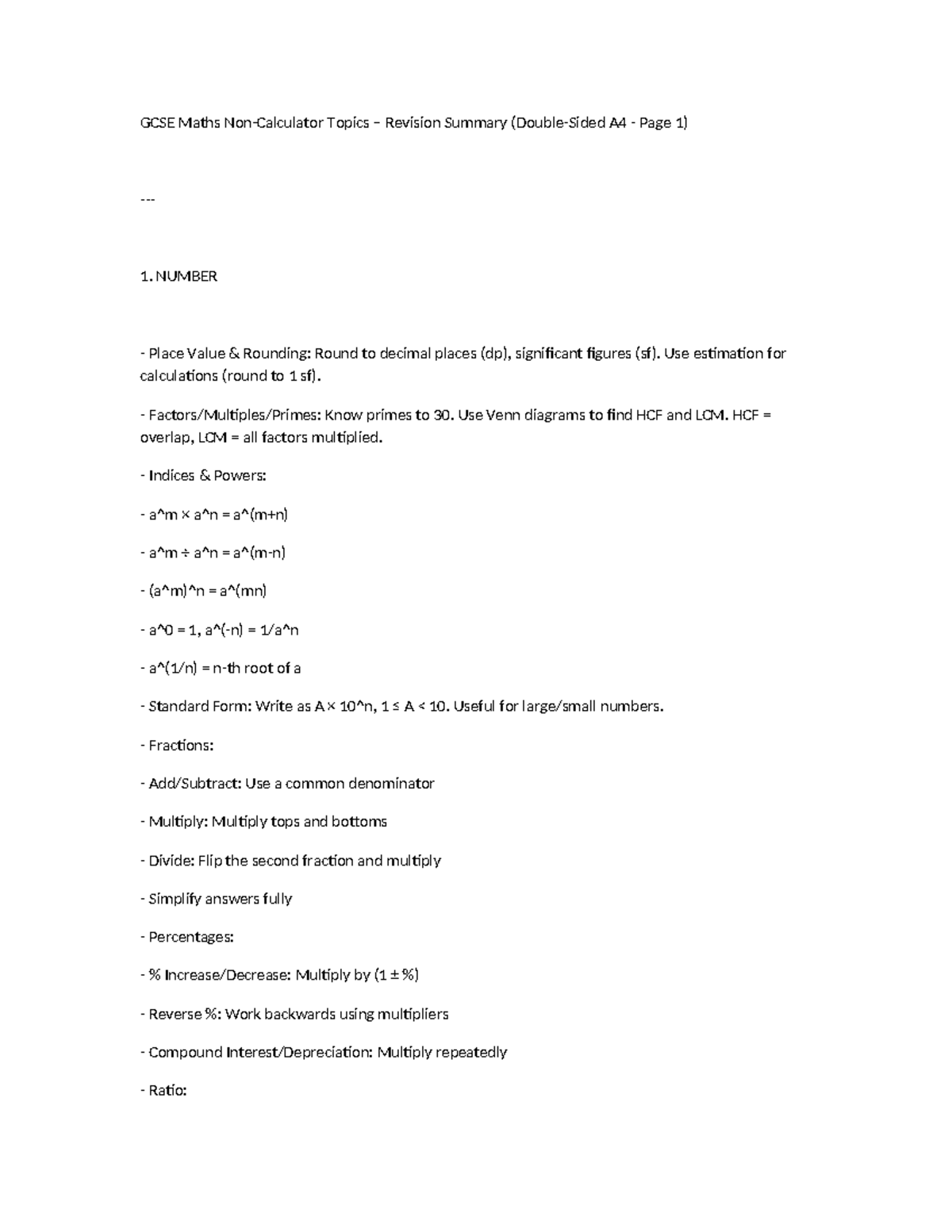 GCSE Maths Non-Calc Revision Summary: Key Topics & Tips - Studocu