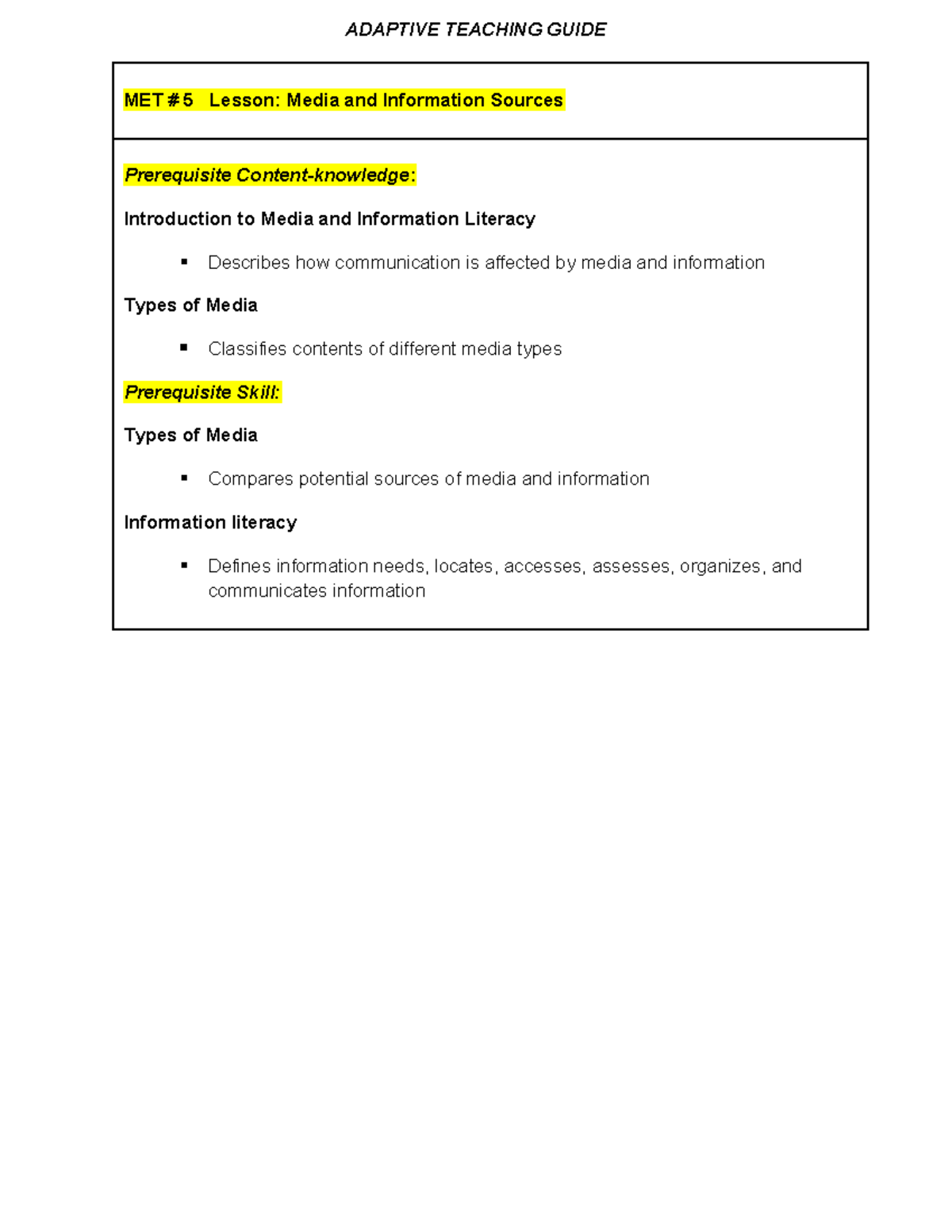 Group 2 - Adaptive Teaching Guide - ADAPTIVE TEACHING GUIDE MET # 5 ...