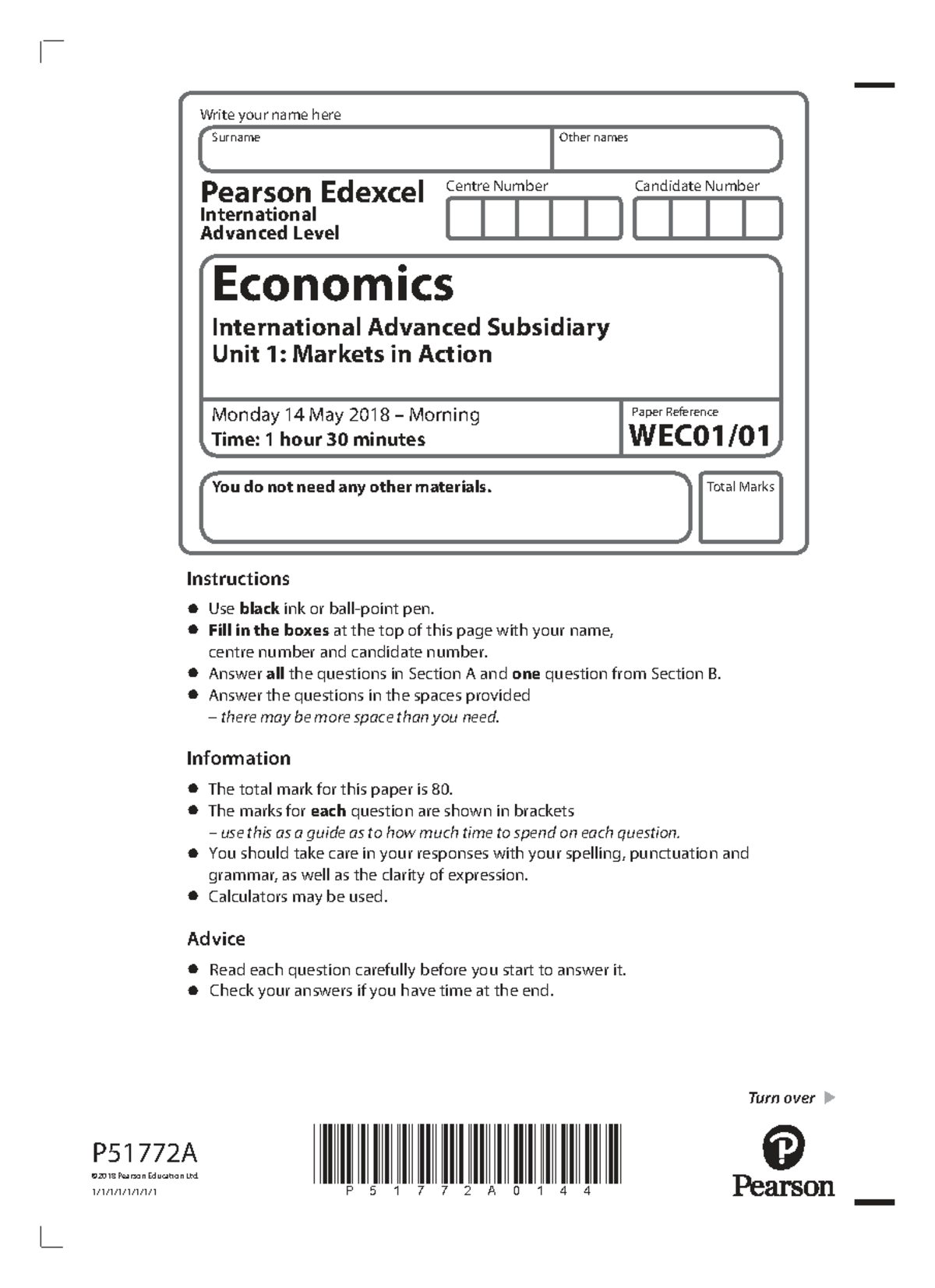 International A Level Economics IAL Unit 1: Markets in Action Exam ...