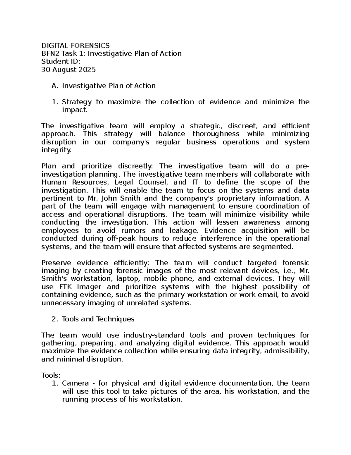 BFN2 Task 1: Investigative Plan of Action in Digital Forensics - Studocu