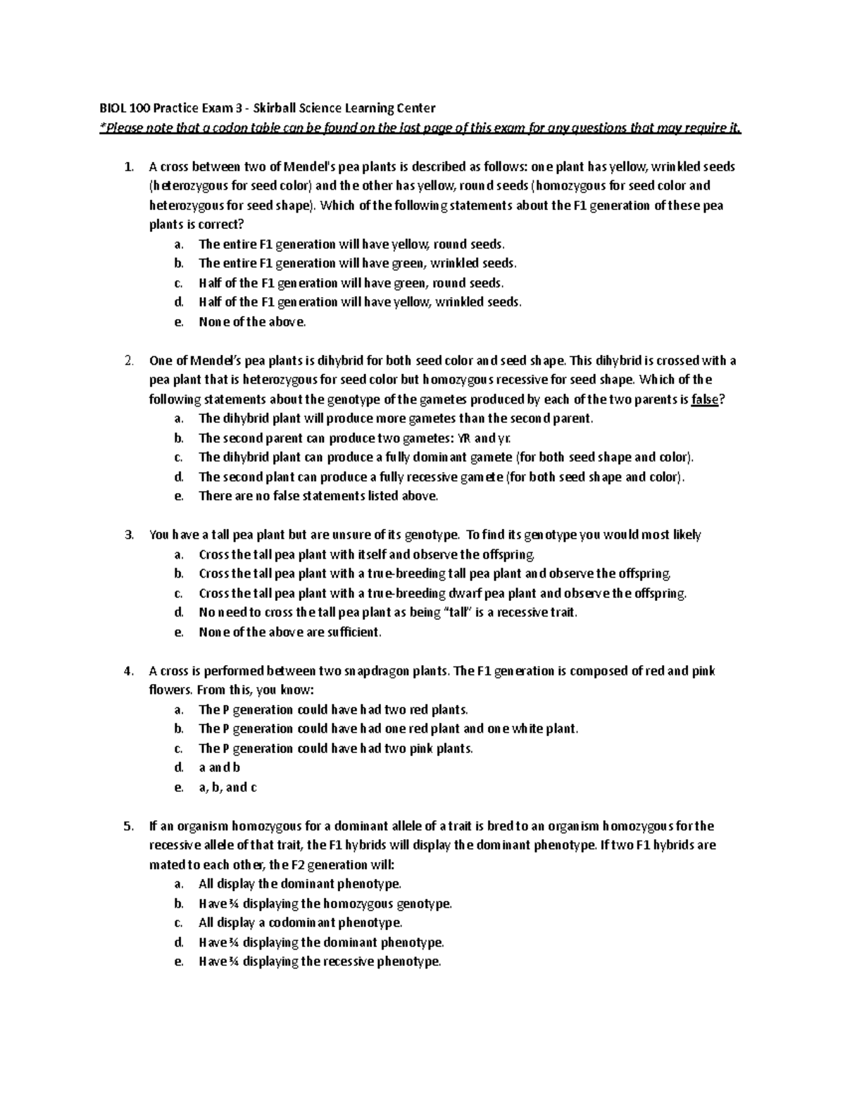 BIOL 100 Final Practice Exam: Genetics and Molecular Biology Concepts ...