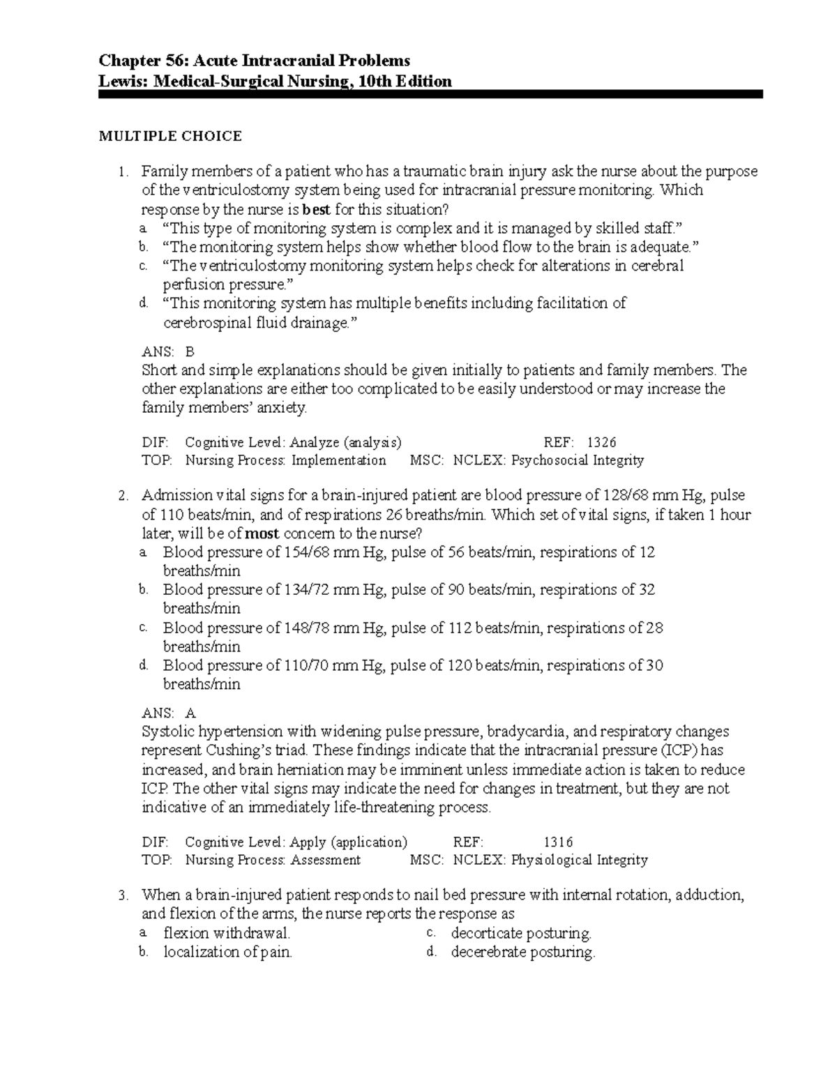 C56 - Chapter 56 Test Bank: Acute Intracranial Problems Study Guide ...