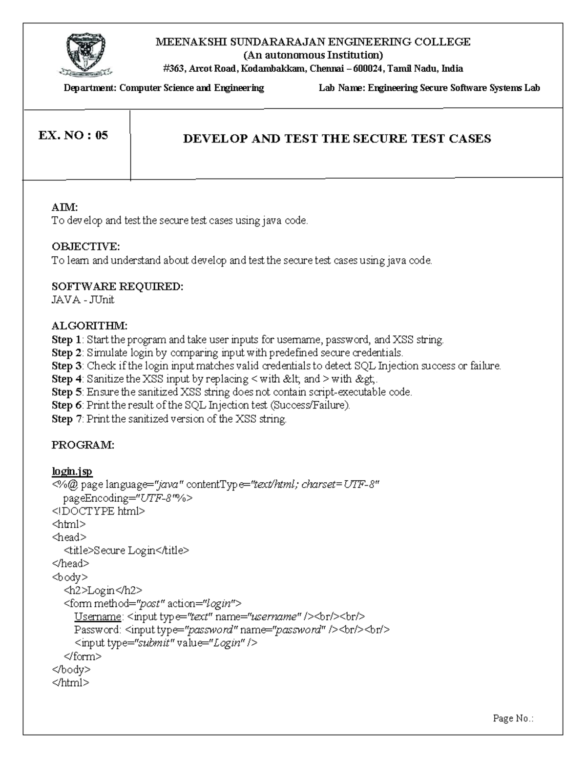 Ex. 05 - Developing & Testing Secure Test Cases in Java for CSE Lab ...
