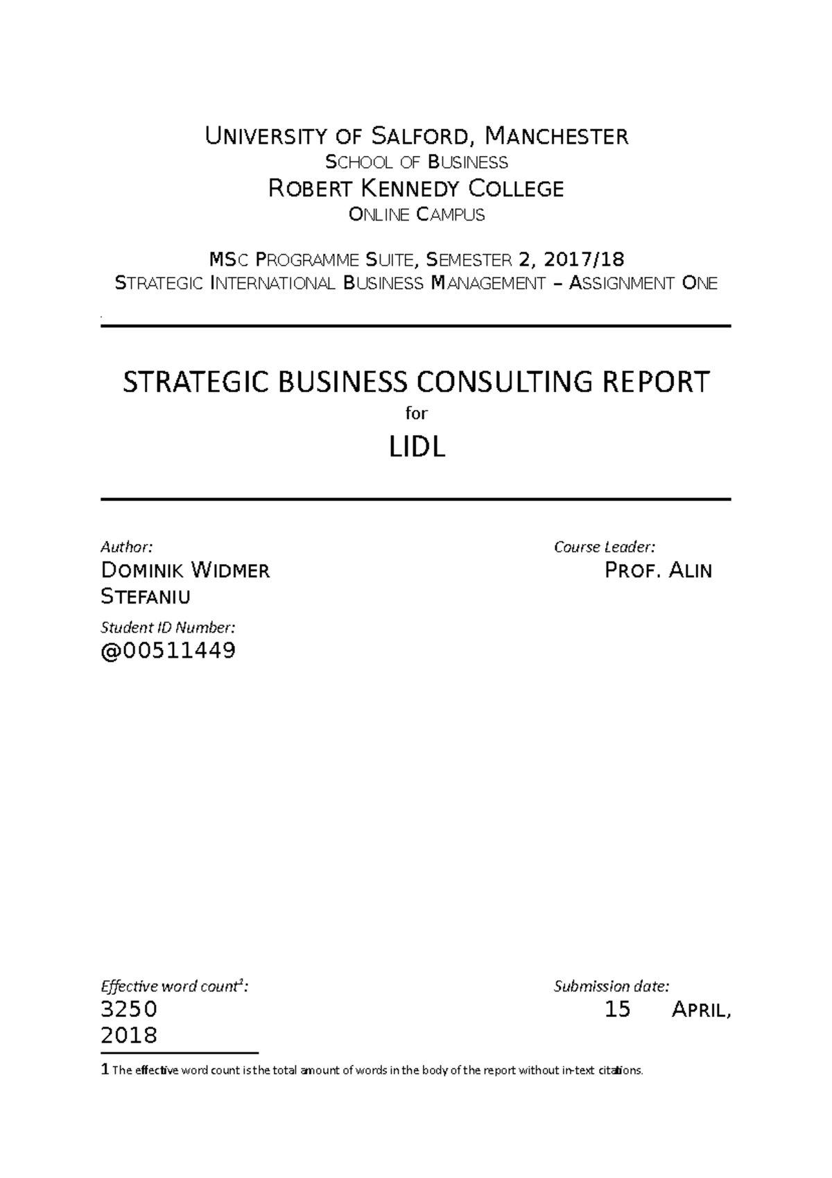 STRATEGIC BUSINESS CONSULTING REPORT for LIDL - UNIVERSITY OF SALFORD ...