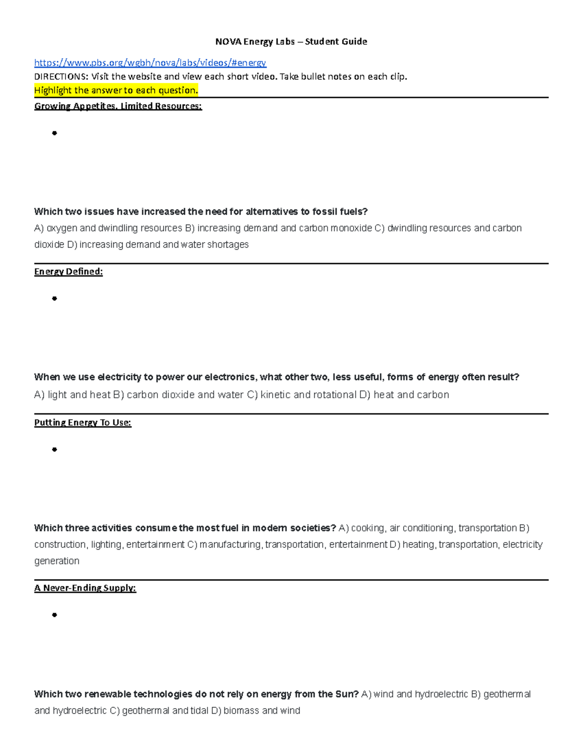 NOVA Energy Labs Student Video Guide: Key Insights and Notes - Studocu
