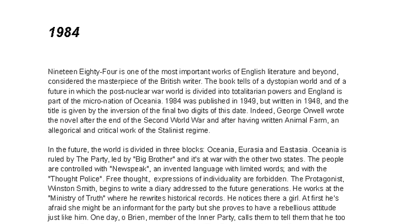 ENG 101: Analysis of George Orwell's 1984 - A Dystopian Masterpiece - Studocu