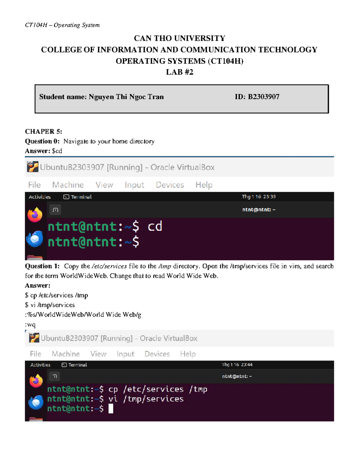 CT104H Operating System Lab Exercises by Nguyen Thi Ngoc Tran - Studocu