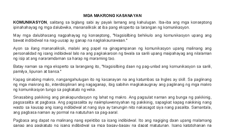 MGA MAKRONG KASANAYAN SA KOMUNIKASYON: PAKIKINIG 24 - HEBE - Studocu