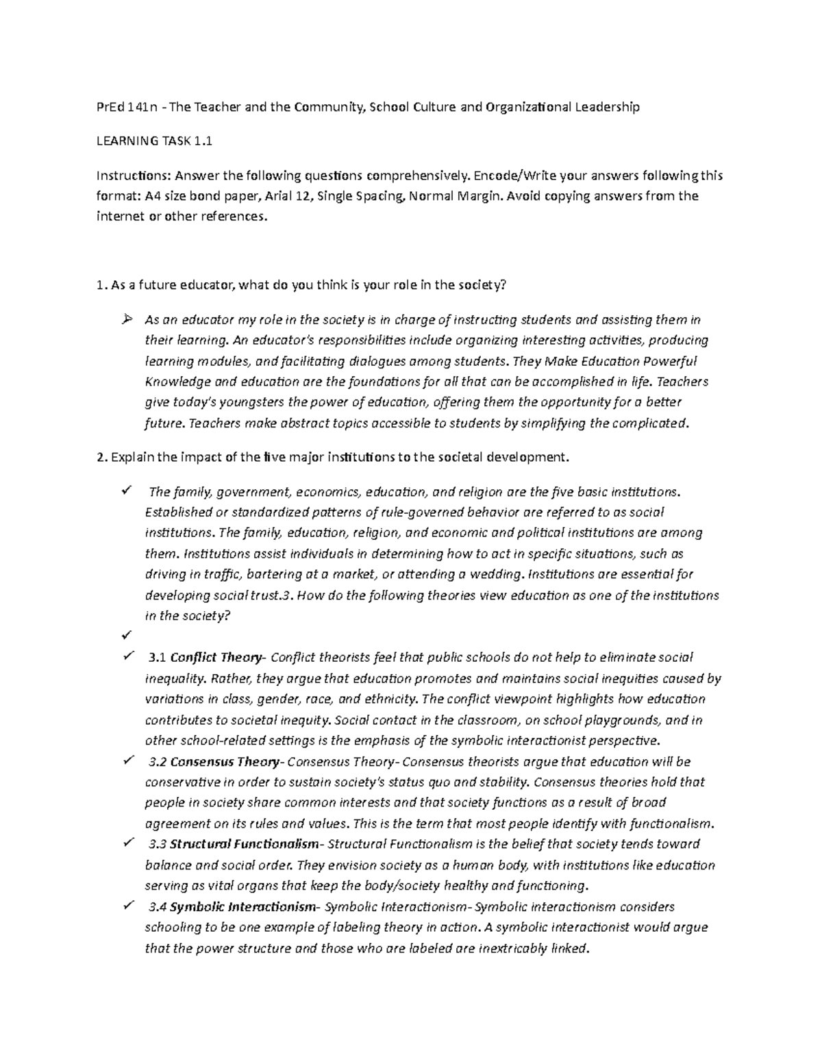 Learning TASK 1 - PrEd 141n - The Teacher and the Community, School Culture and Organizational ...