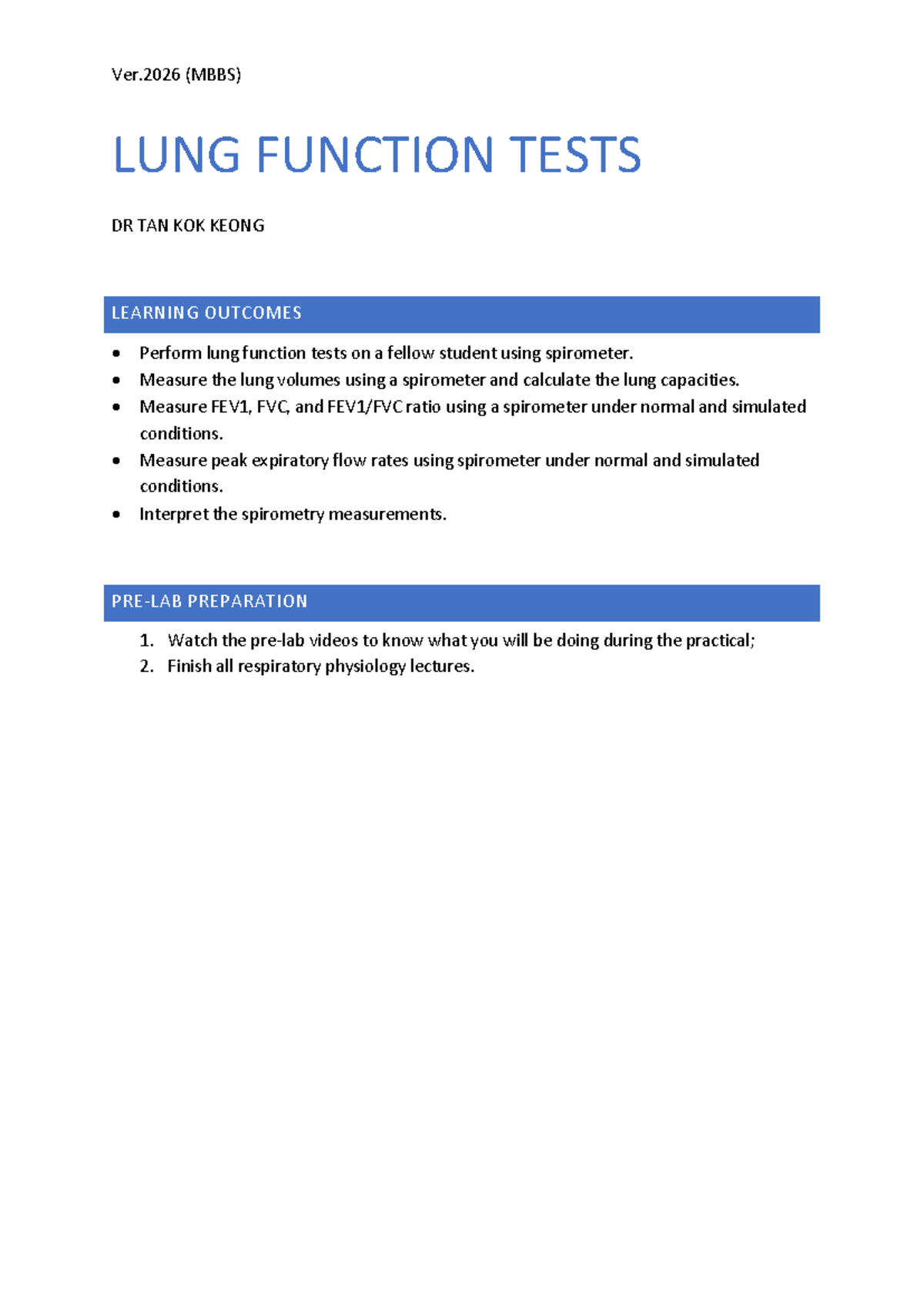 MBBS 2026 Lung Function Tests Practical I: Spirometry Overview - Studocu