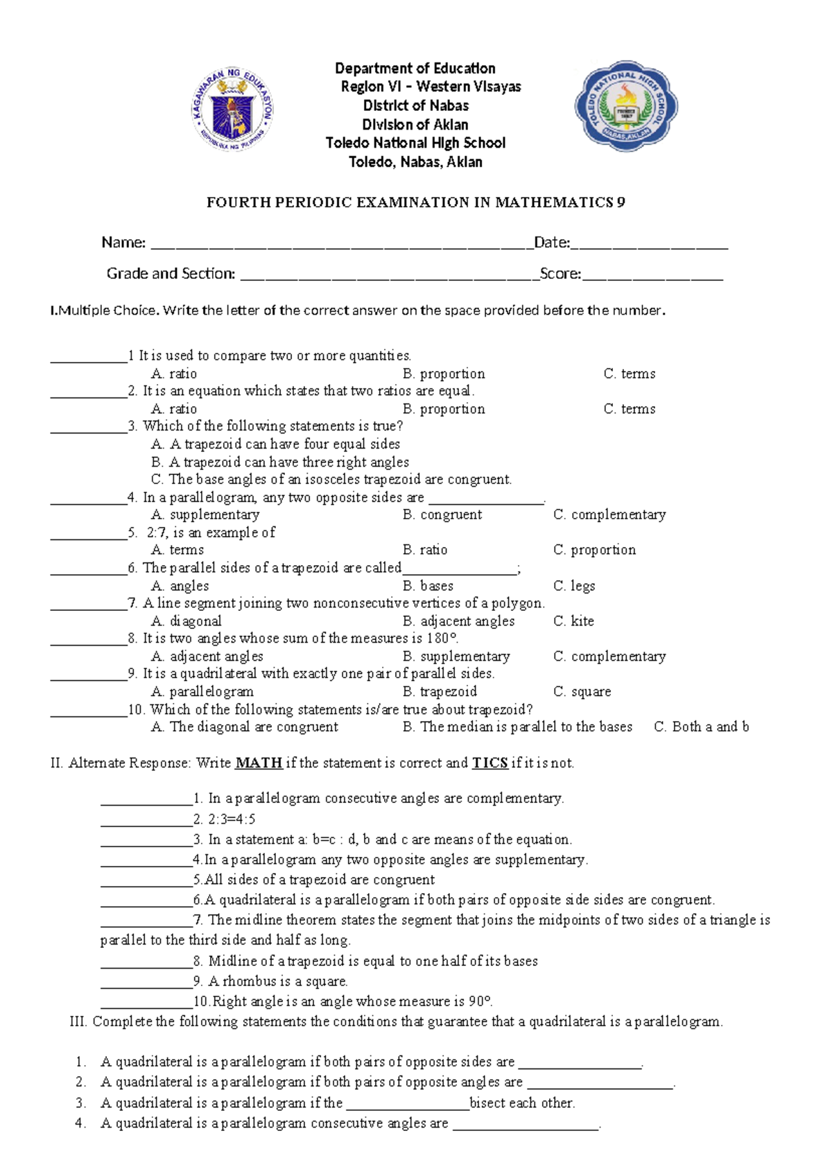Fourth periodic exam math 9 2022-2023 - Department of Education Region ...