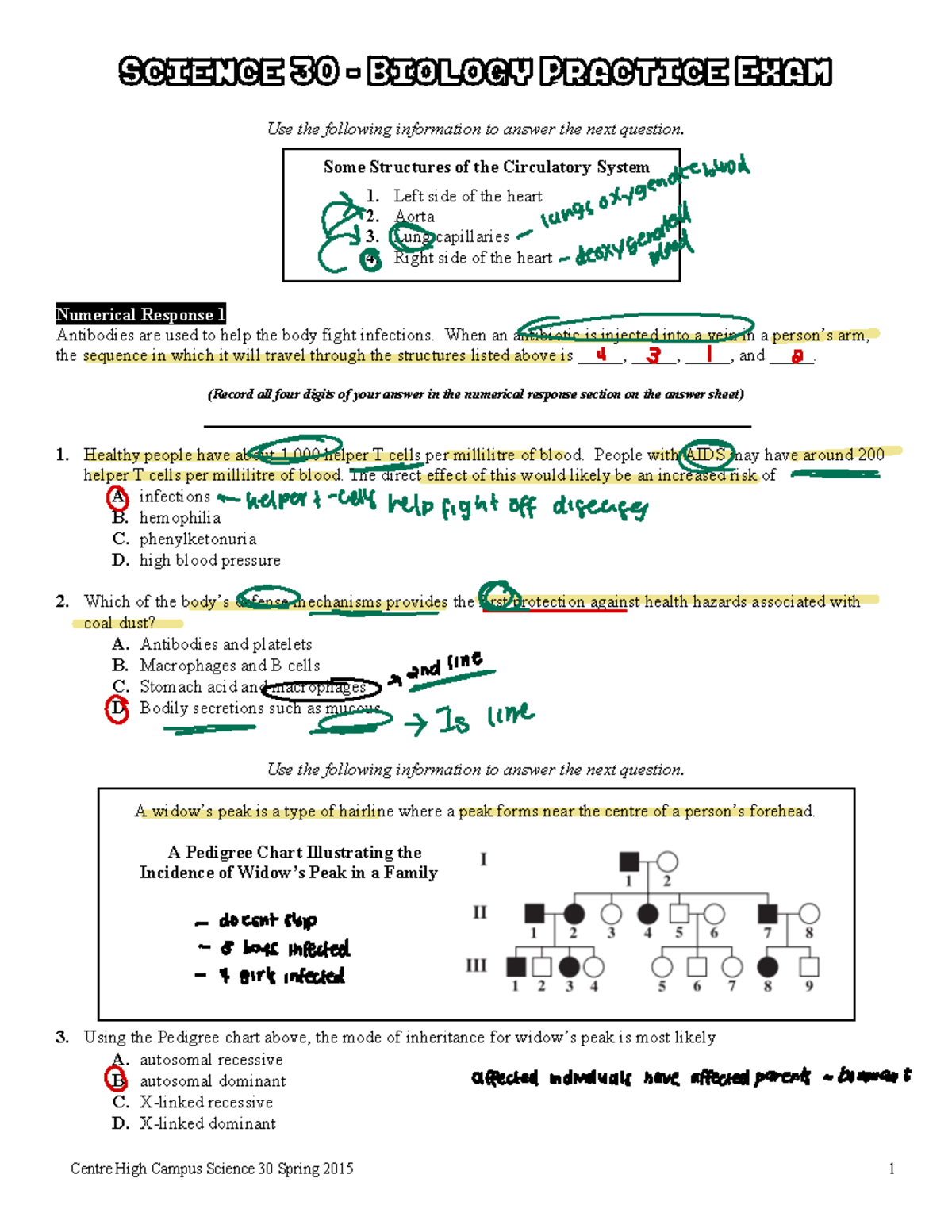 Biology Practice Exam-1 for Science 30: Centre High Campus Spring 2015 ...