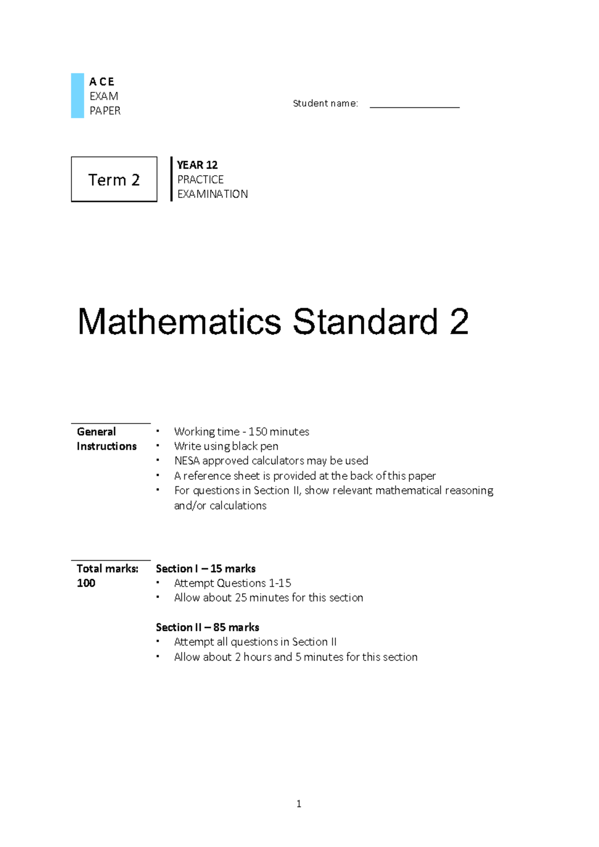 Year 12 Mathematics Standard 2 Term 2 Practice Exam Paper - Studocu