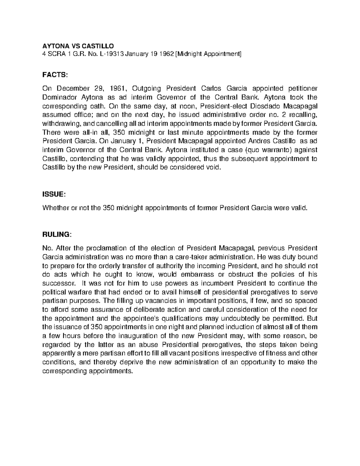 AYTONA VS CASTILLO: 4 SCRA 1 G.R. No. January 19, 1962 Digest - Studocu