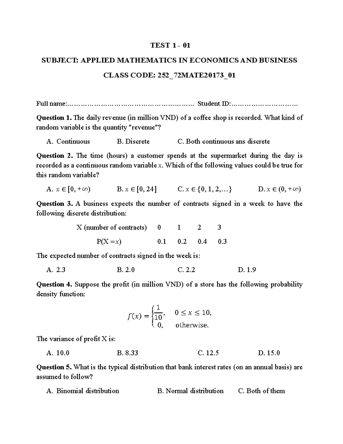 TEST 1 - APPLIED MATHEMATICS IN ECONOMICS & BUSINESS 252_72MATE20173_01 ...