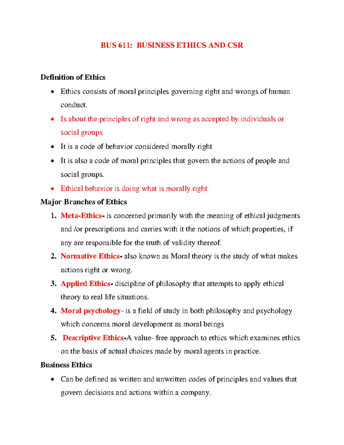 BUS 611: Overview of Business Ethics & CSR Principles and Practices ...