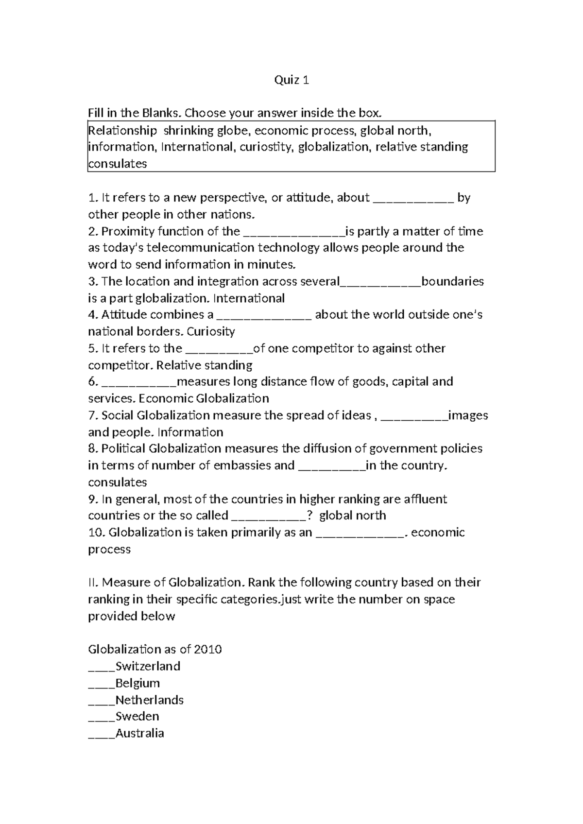 Quiz 1: Understanding Globalization Concepts and Dynamics - Studocu