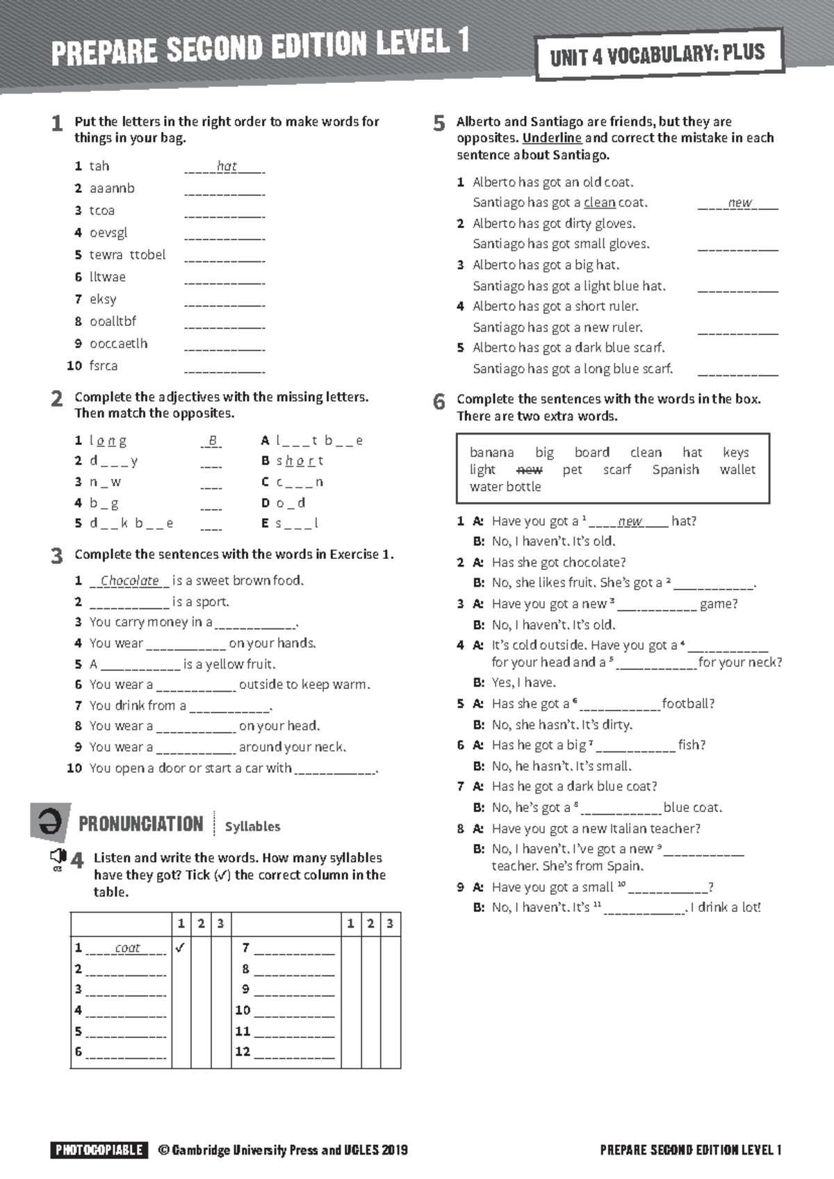 A1A Vocabulary Exercises for Prepare Level 1 Unit 4 - Studocu