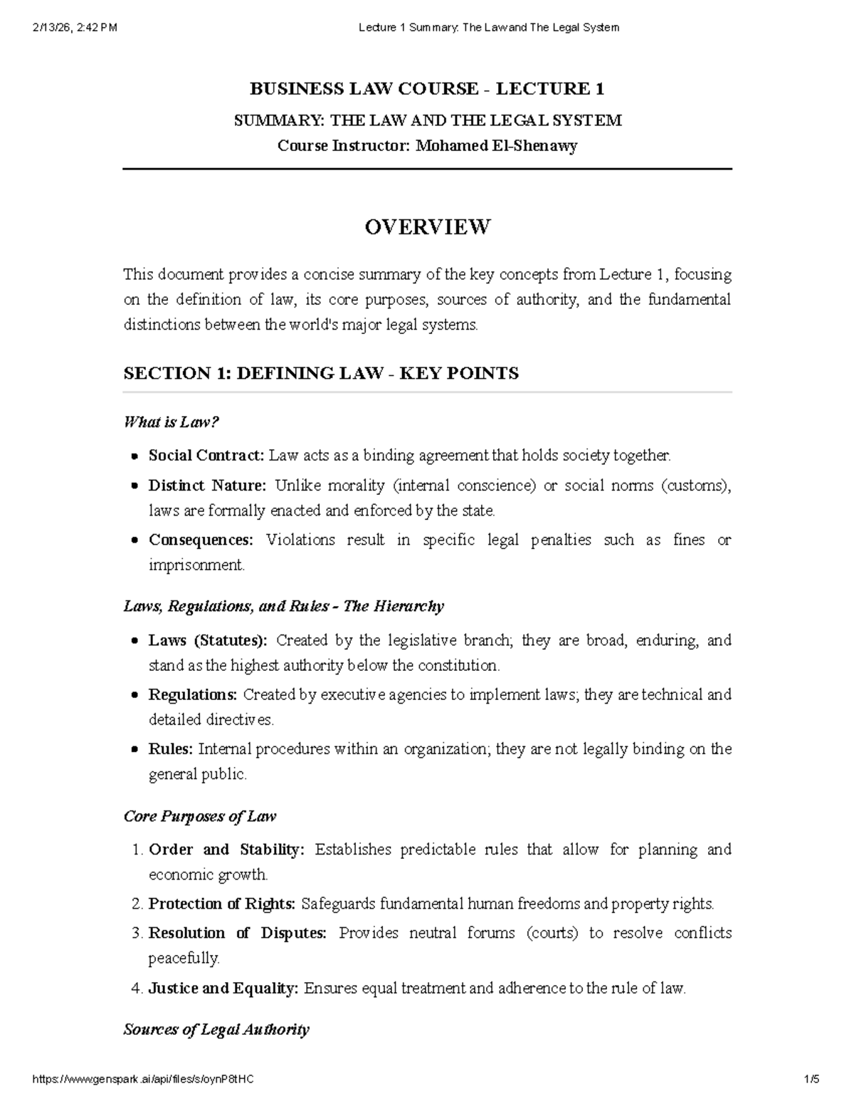 BUSINESS LAW LECTURE 1 SUMMARY: THE LAW & LEGAL SYSTEM - Studocu