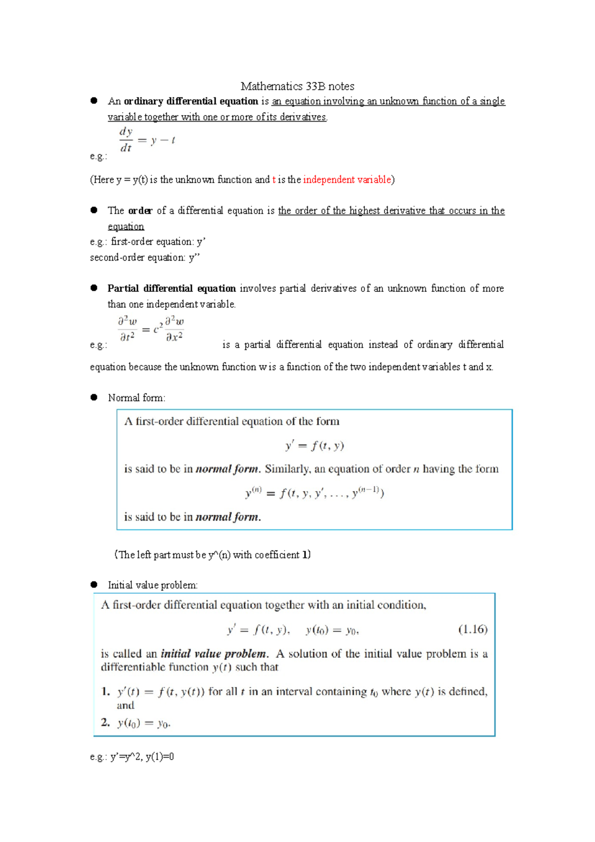 Mathematics 33B: Notes on Ordinary and Partial Differential Equations ...