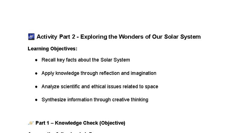 Activity 3 Part 2: Exploring Our Solar System's Wonders - Studocu