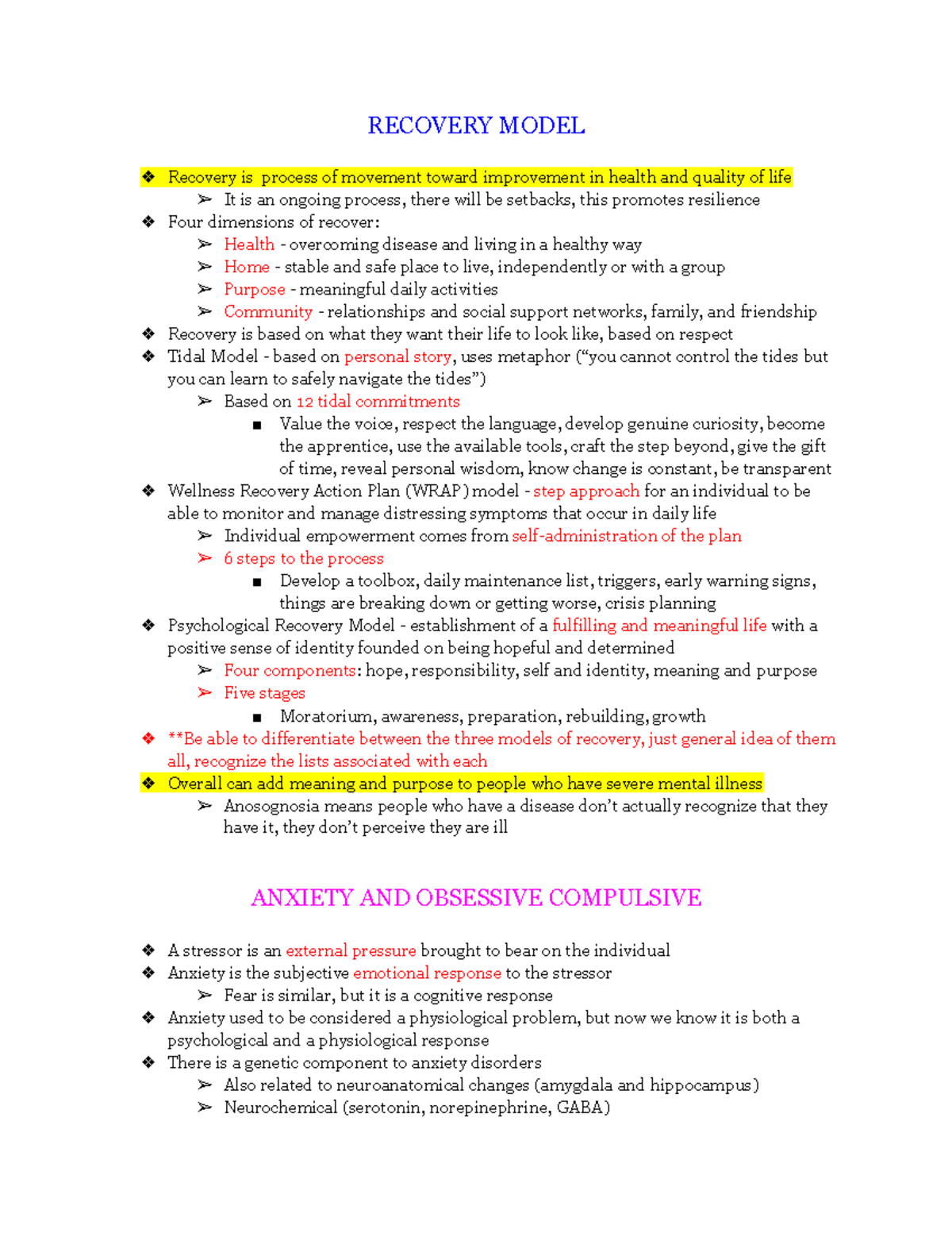 Week 5 Lecture Notes: Recovery Models & Anxiety Disorders (PSY 101 ...