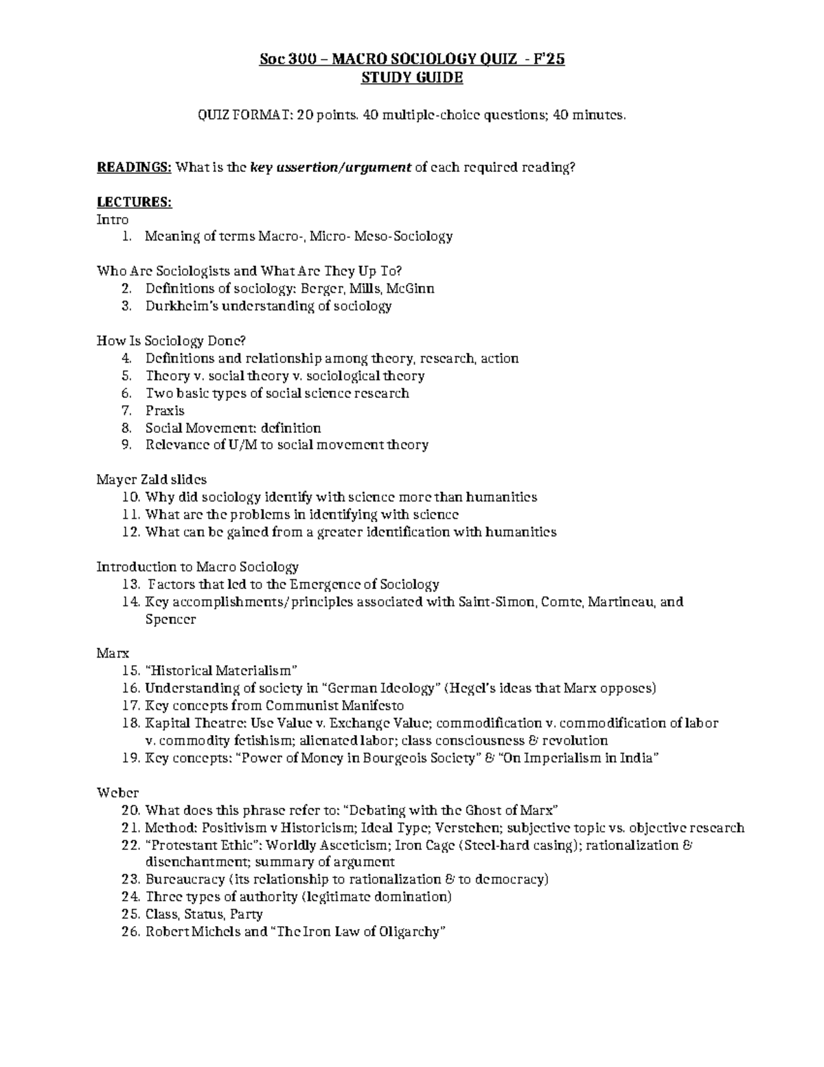 SOC 300 - Macro Sociology Quiz Study Guide - F'25 - Studocu