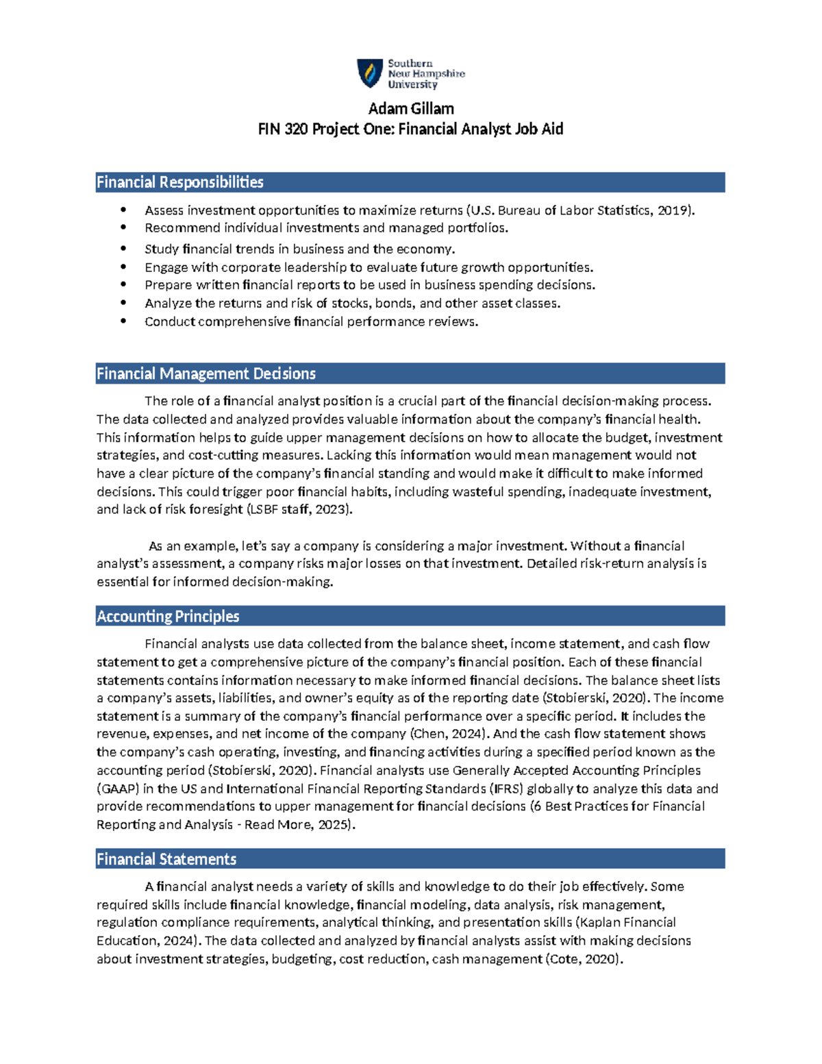 FIN 320 Project One: Financial Analyst Job Aid Overview - Studocu