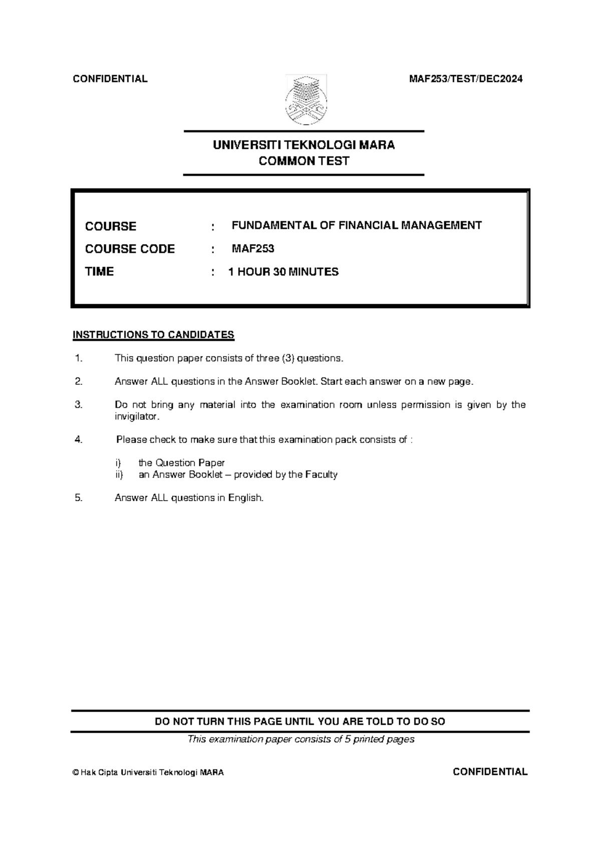 CT MAF253 Common Test: Fundamental of Financial Management - Studocu