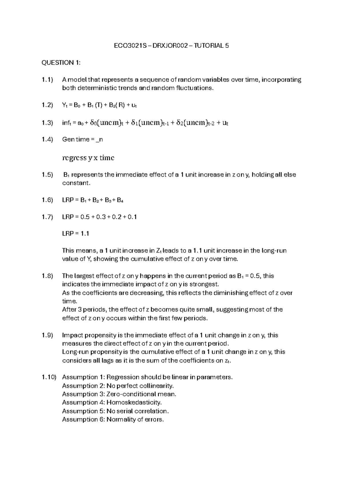 ECO3021S - TUT5 ANSWERS - ECO3021S – DRXJOR002 – TUTORIAL 5 QUESTION 1: ...