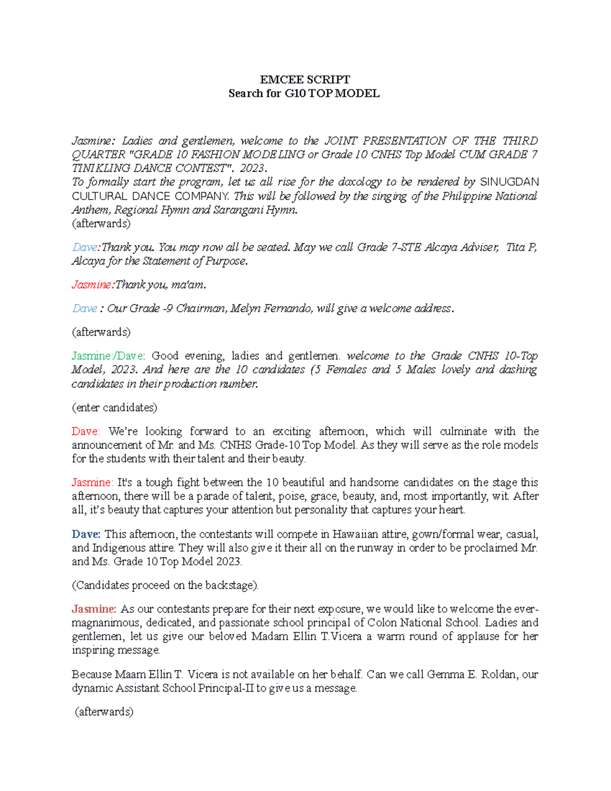 Script for G10 CNHS Top Model Pageant 2023 Event - Studocu