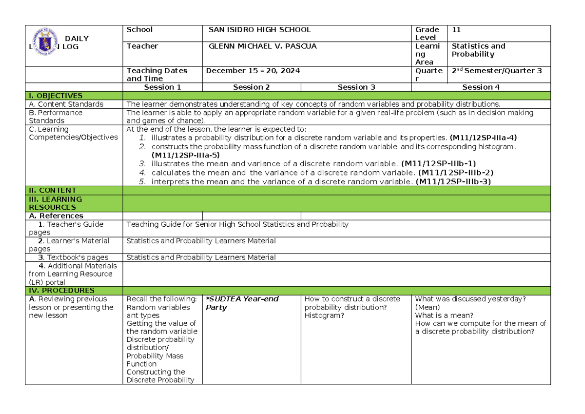 Daily Lesson Log (DLL) for SP 12: Statistics & Probability (Dec 15-20 ...