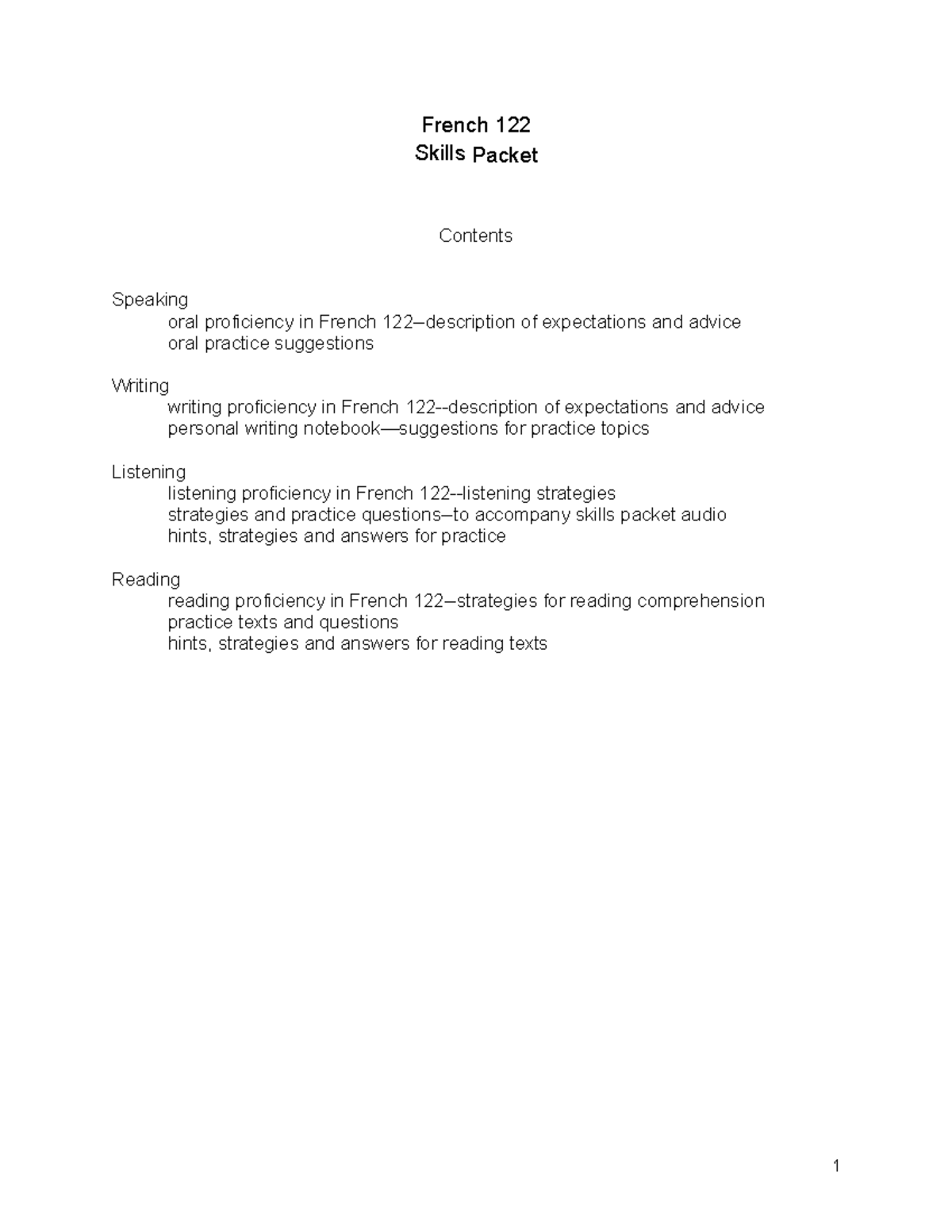 French 122 Skills Packet - Speaking, Writing, Listening, Reading Guide ...