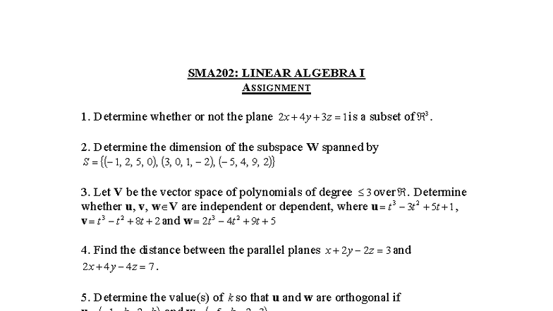 SMA202: Linear Algebra I - Assignment 1 Solutions - Studocu