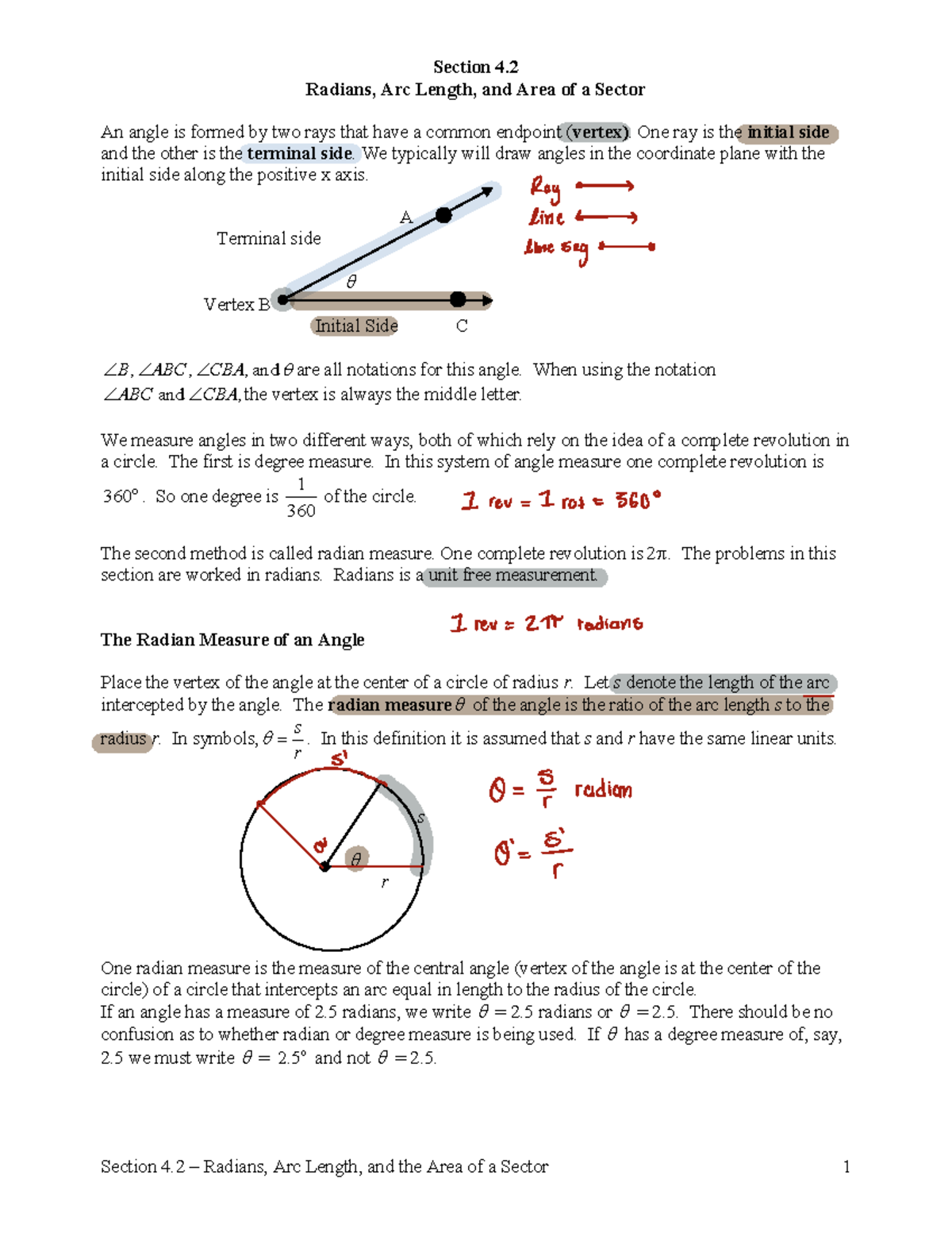 Math 101 - Section 4: Radians, Arc Length, and Sector Area - Studocu