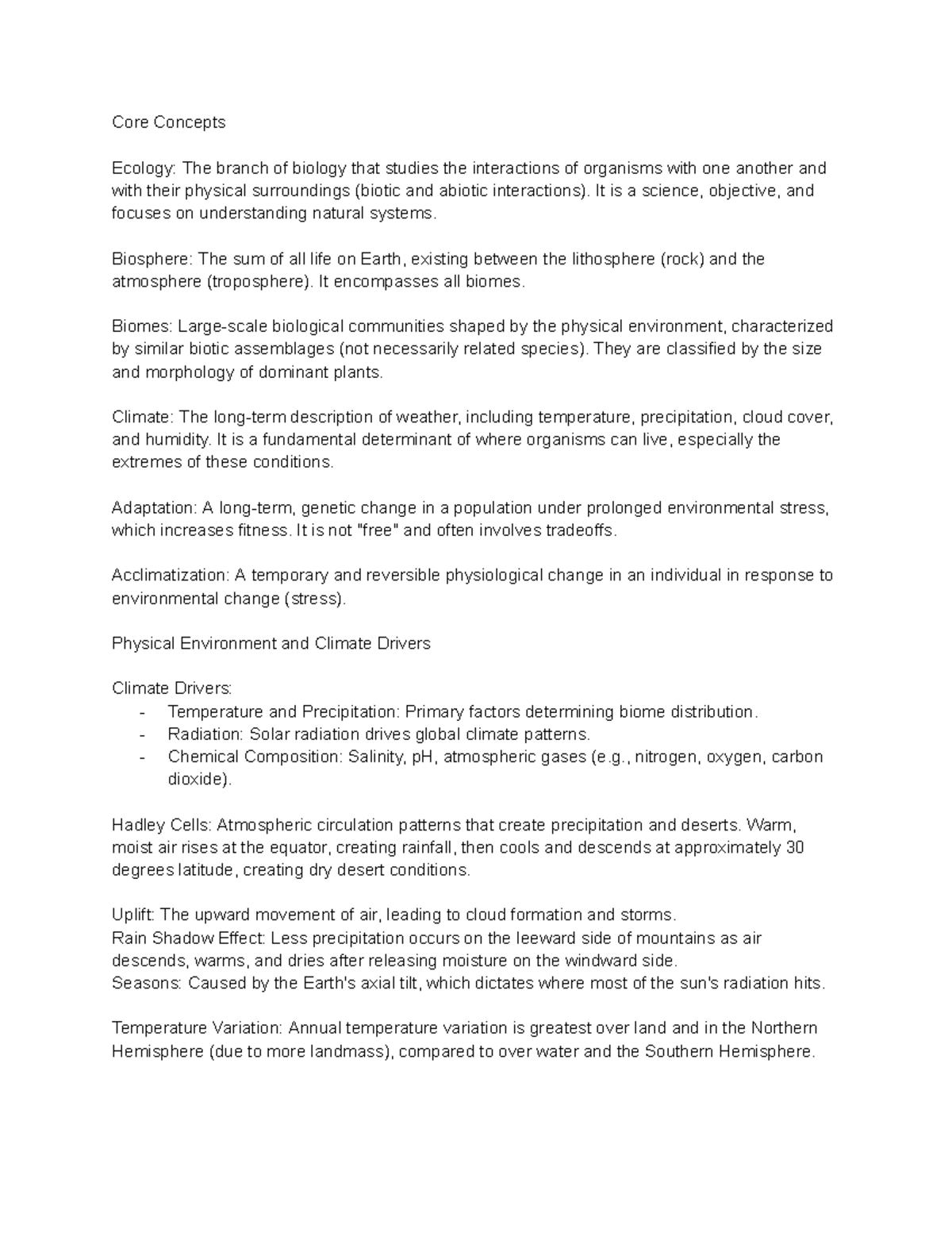 Ecology and Biomes: Key Concepts, Climate Drivers, and Adaptations - Studocu